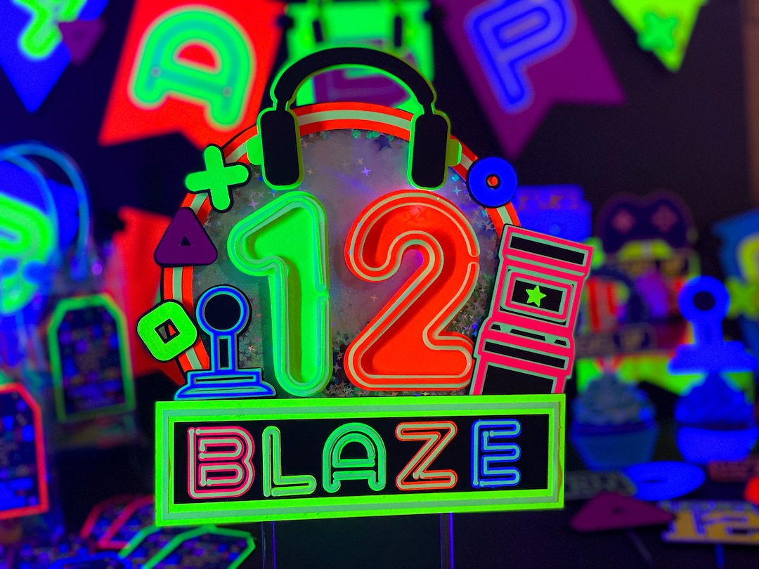 Glow Gamer Theme Cake Topper | Video Games | Glow in the Dark Theme ...