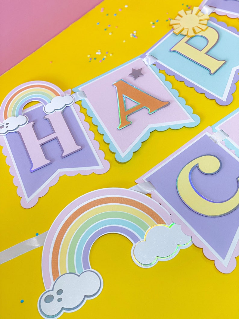 Rainbow Birthday Banner Pastel Rainbow Theme Party Happy - Etsy