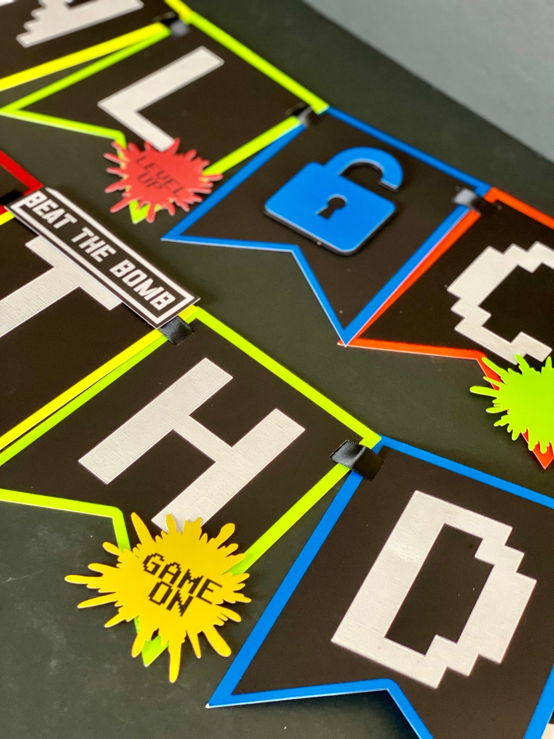 Neon Gamer Theme Birthday Banner | Glow in the Dark Escape Room Decor ...