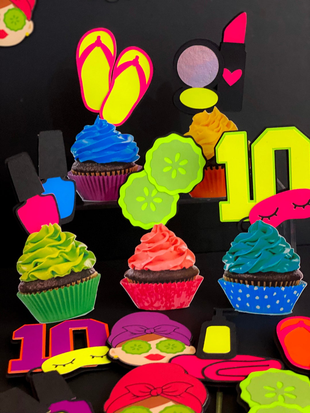 Set of 12 Cupcake Toppers Neon Glow in the Dark Theme Party Spa ...
