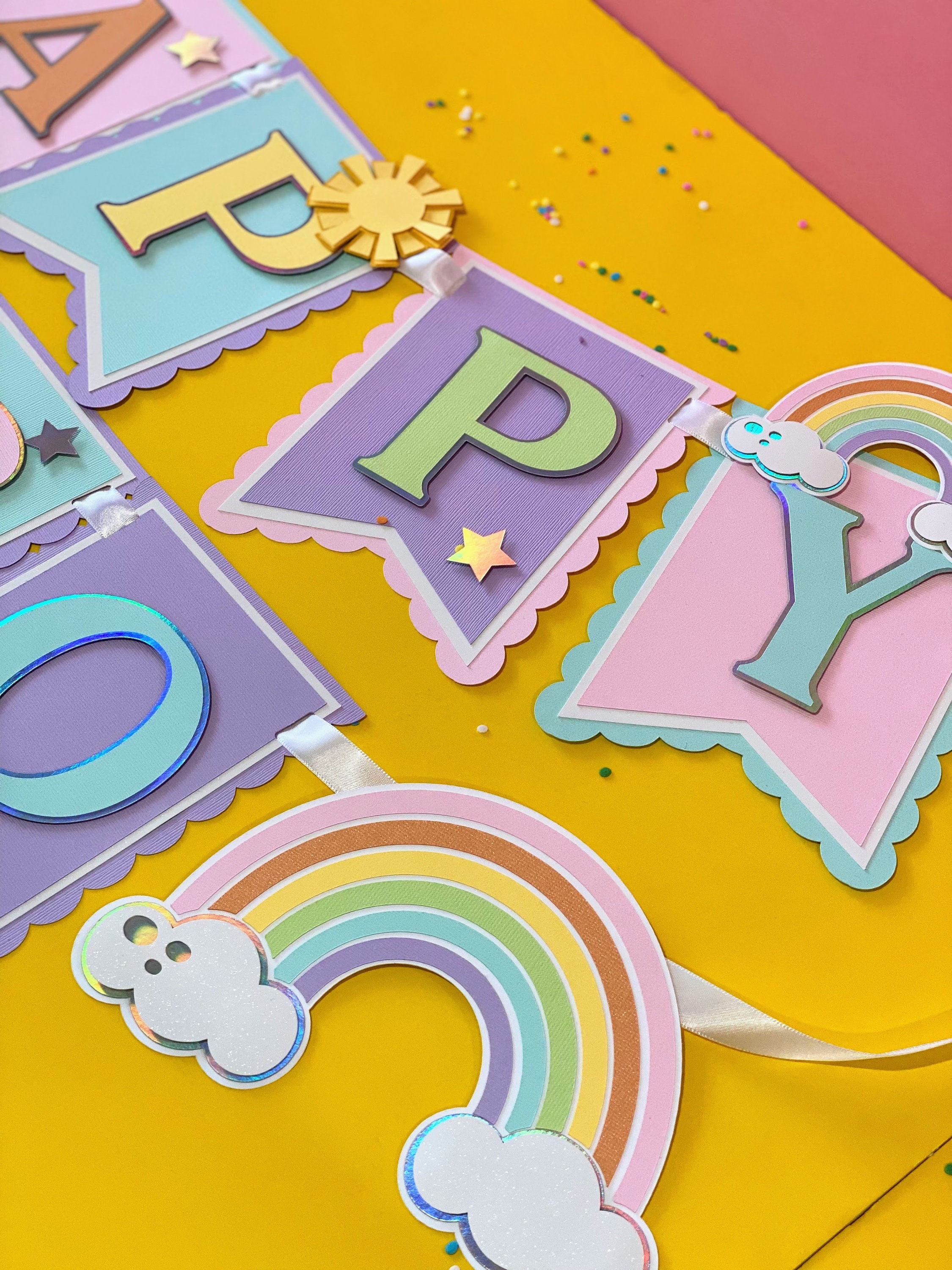 Rainbow Birthday Banner | Pastel Rainbow Theme Party | Happy Birthday ...