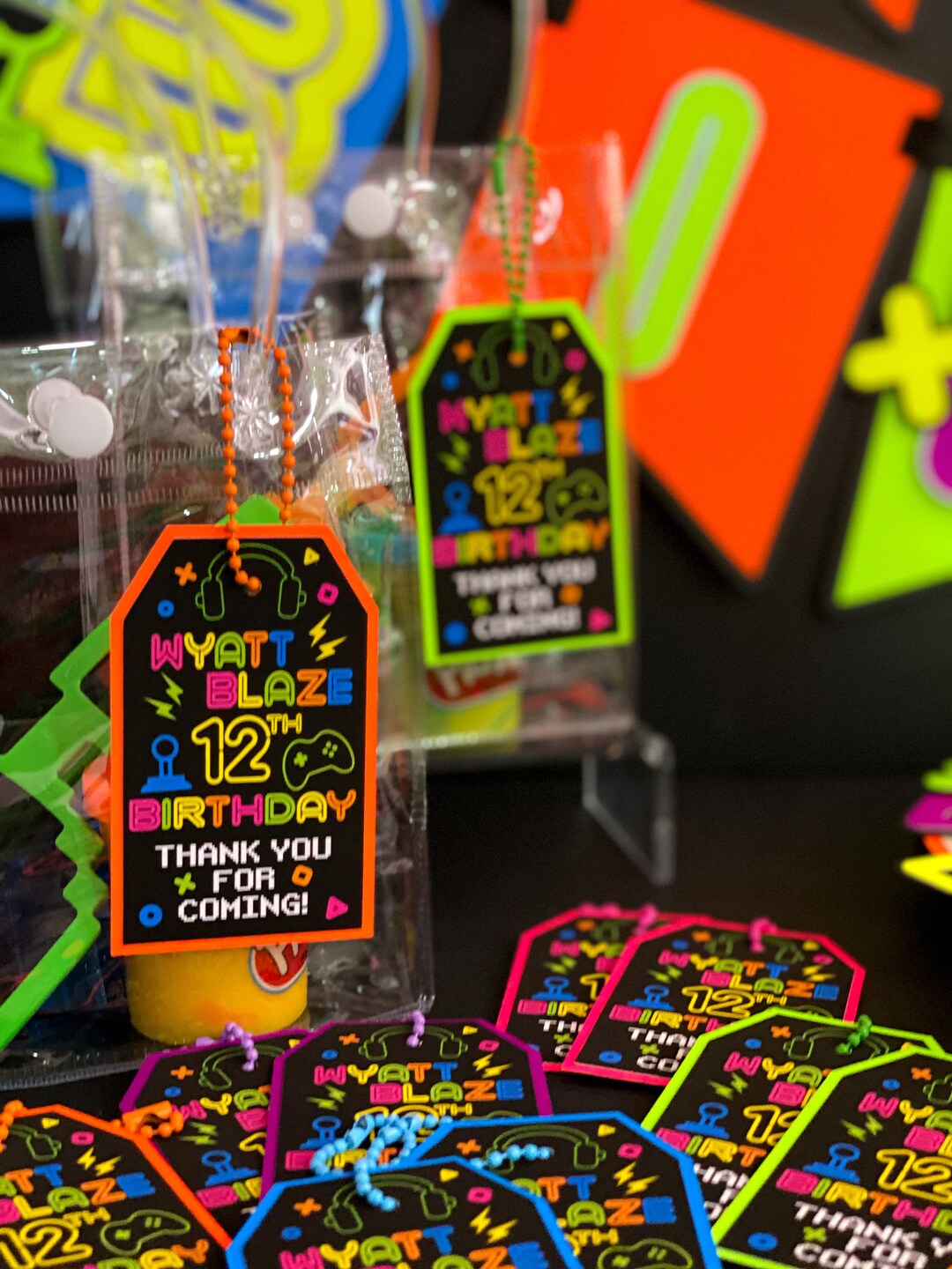 Neon Gamer Favor Tags | Neon Tags | Glow in the Dark Personalized Favor ...