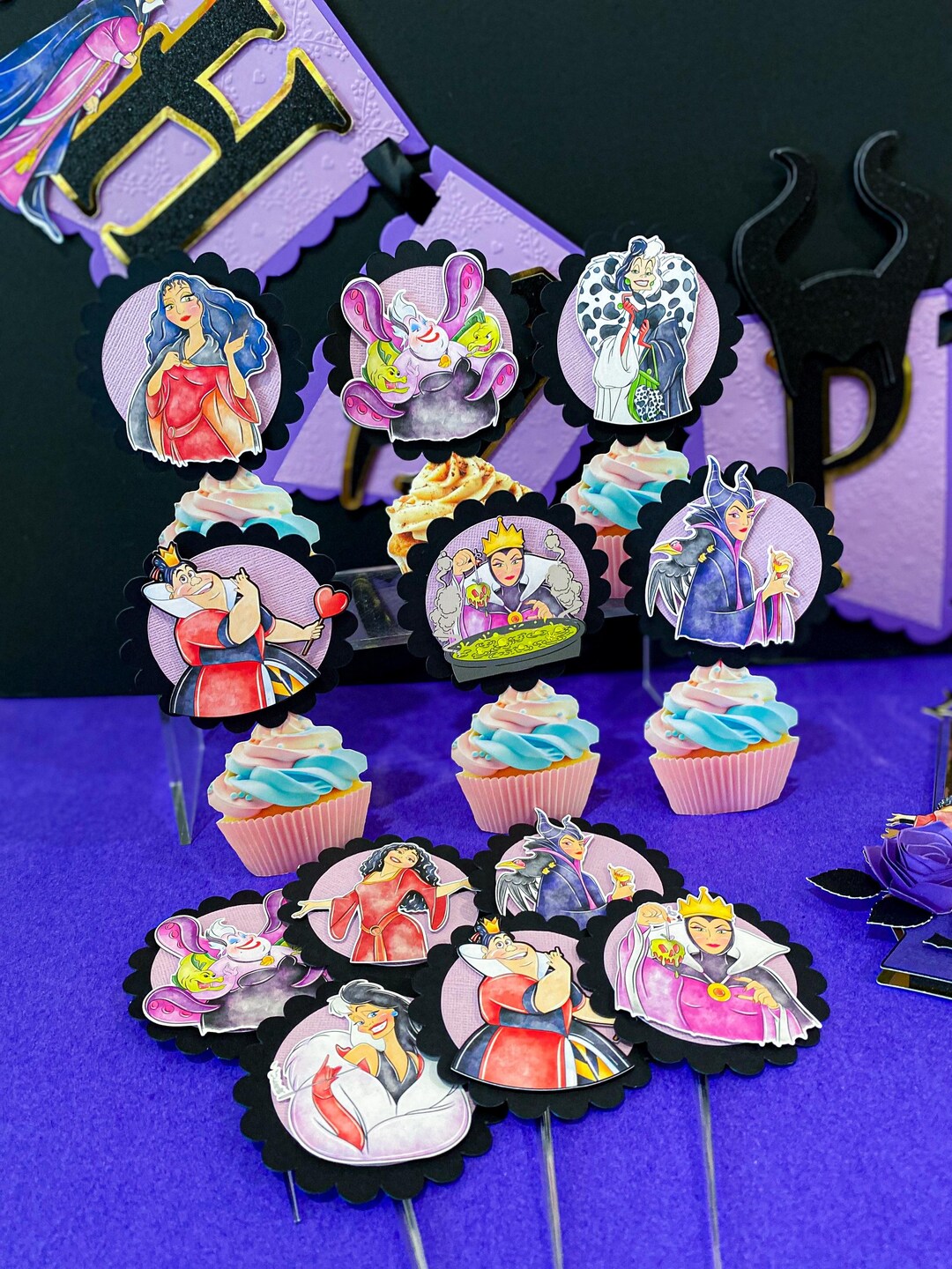 Set of 12 Cupcake Toppers | Disney Villains Theme Party | Princess ...