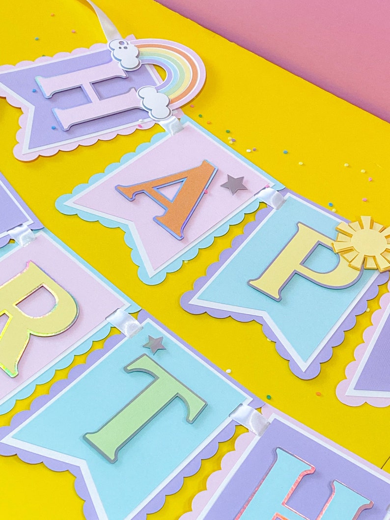 Rainbow Birthday Banner Pastel Rainbow Theme Party Happy - Etsy