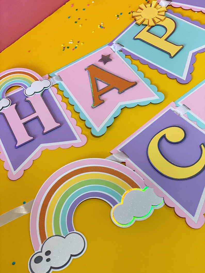 Rainbow Birthday Banner Pastel Rainbow Theme Party Happy - Etsy