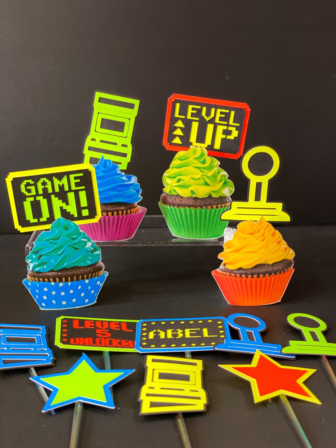 Set of 12 Cupcake Toppers | Neon Glow in the Dark Theme Party | Arcade ...