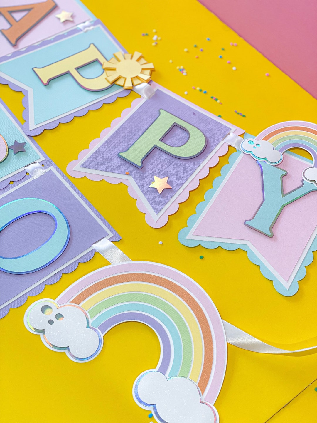 Rainbow Birthday Banner | Pastel Rainbow Theme Party | Happy Birthday ...