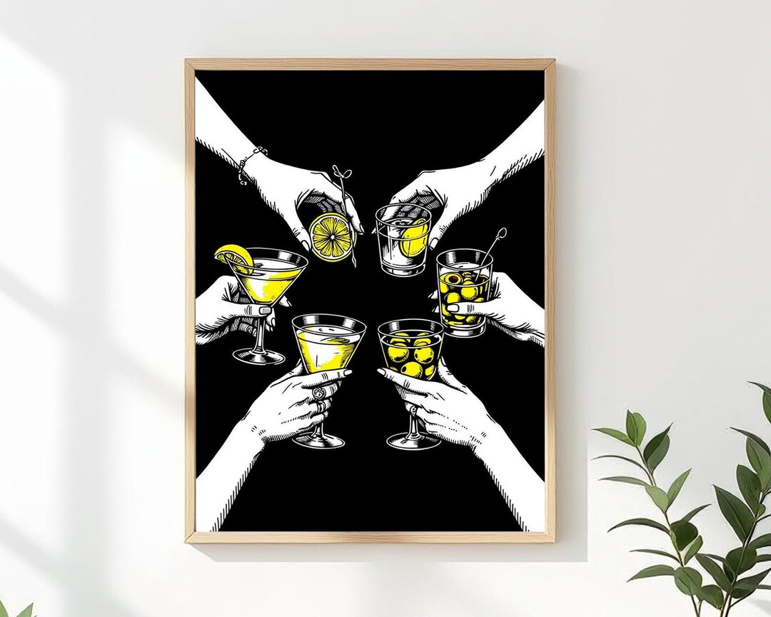 Cheers Cocktail Wall Art | Black & Yellow Digital Print | Retro Bar ...