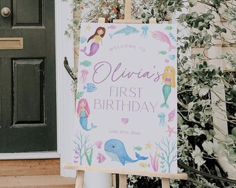 Mermaid Girl 1st Birthday Welcome Poster, Girl's Birthday Welcome Sign ...