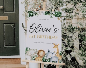 Safari Jungle Animals First Birthday Sign, First Birthday Welcome Sign ...