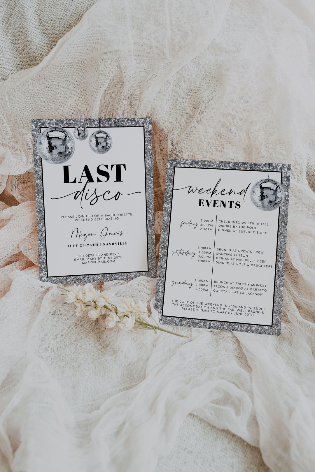 Last Disco Bachelorette Invitation & Itinerary Template, Silver Glitter ...
