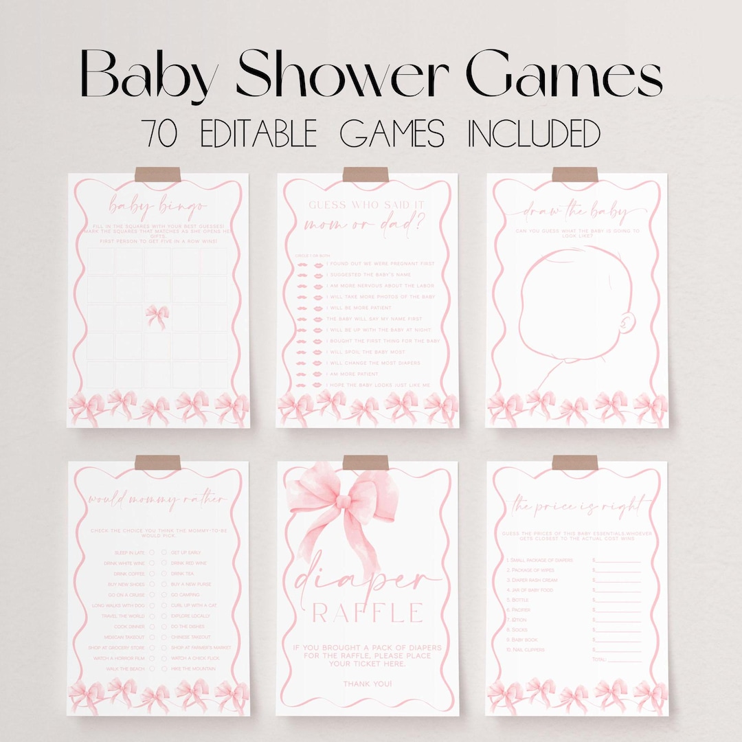 70 Baby Shower Games, Pink Bow Baby Shower Game Bundle, Pink Coquette ...