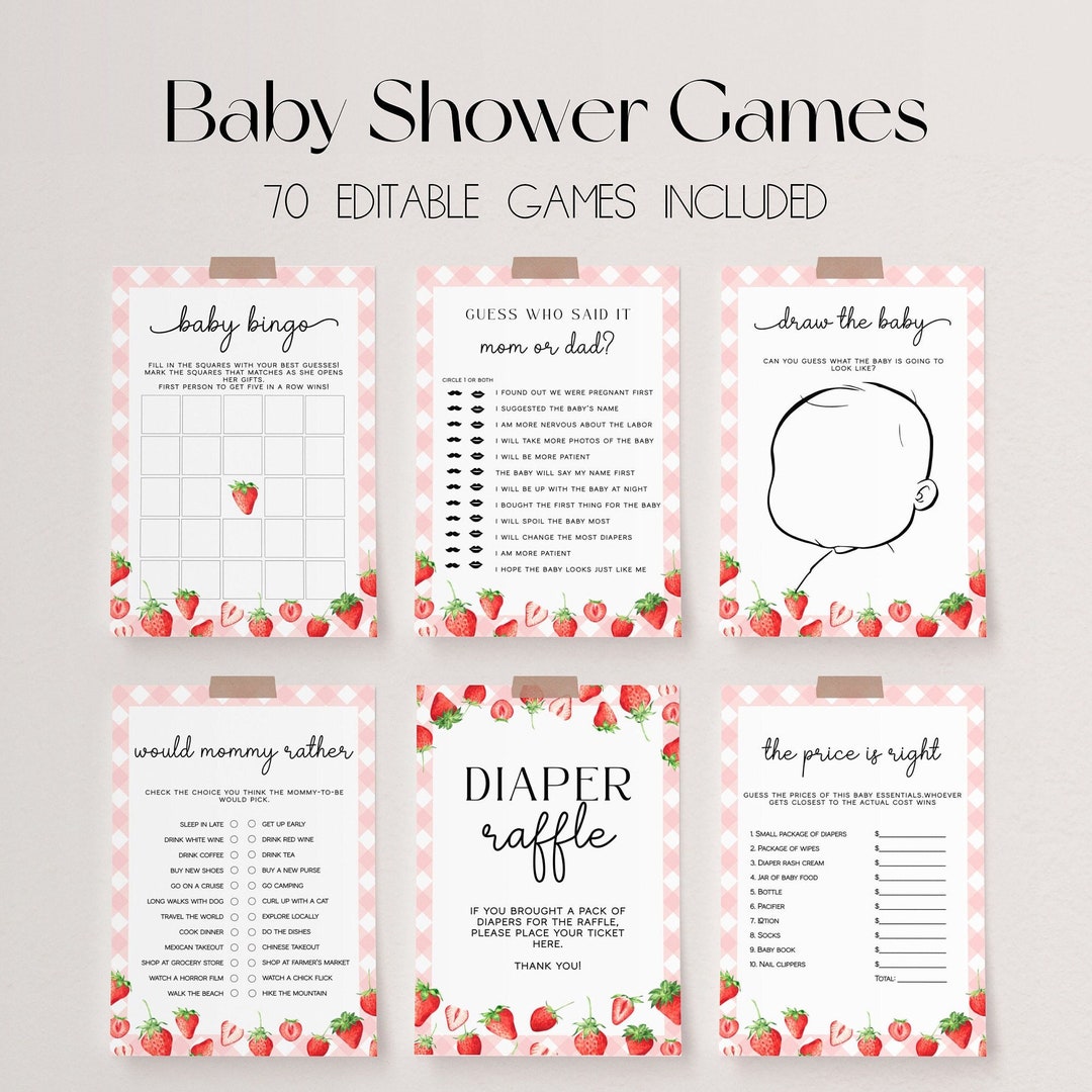 70 Baby Shower Games, Strawberry Baby Shower Game Bundle, Berry Sweet ...