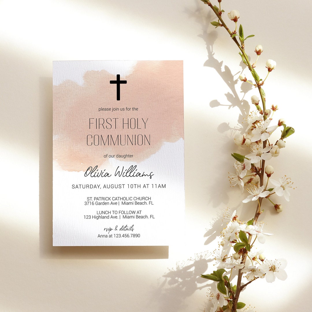 Pink First Holy Communion Invitation Template, Blush Pink First ...