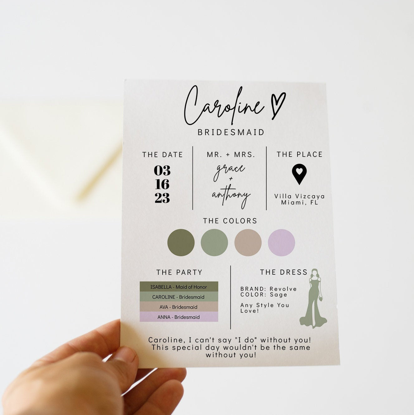 Bridesmaid Info Card Template Bridal Party Info Card | Etsy