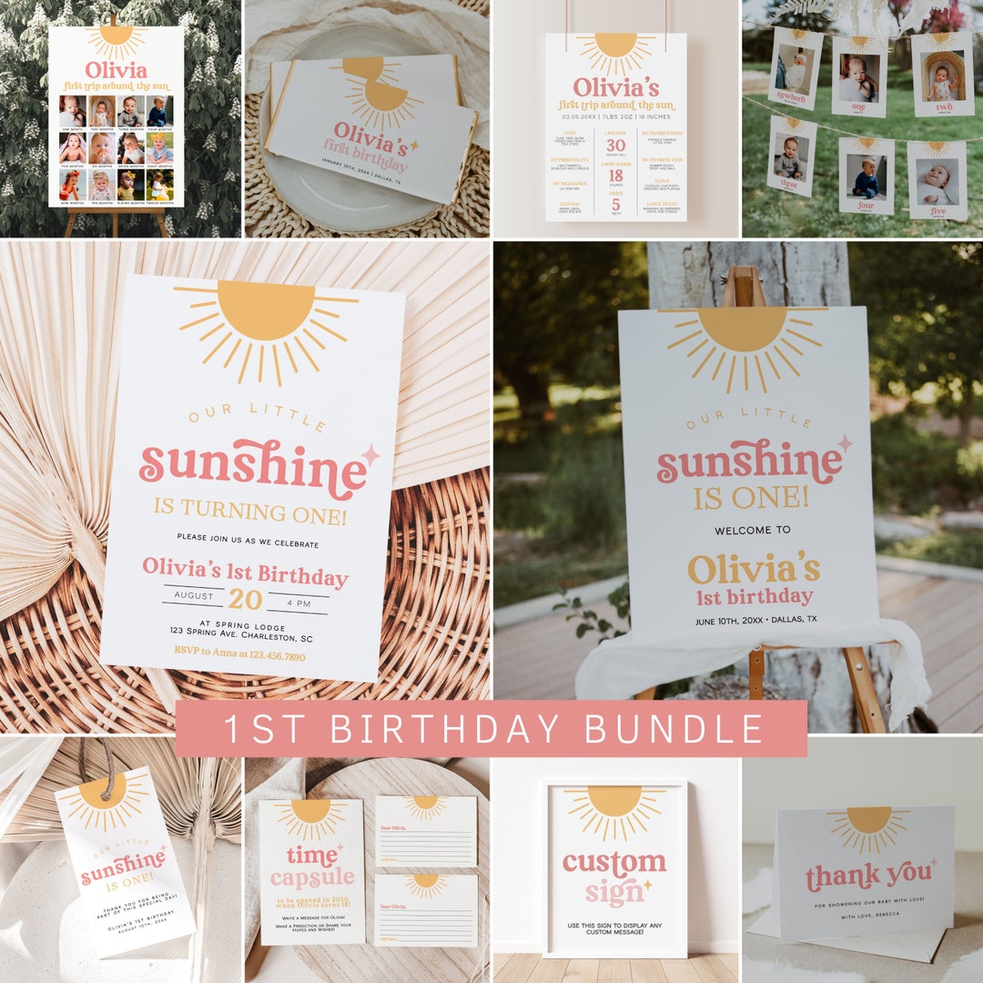 Sunshine First Birthday Invitation Bundle, Sun 1st Birthday Invitation ...