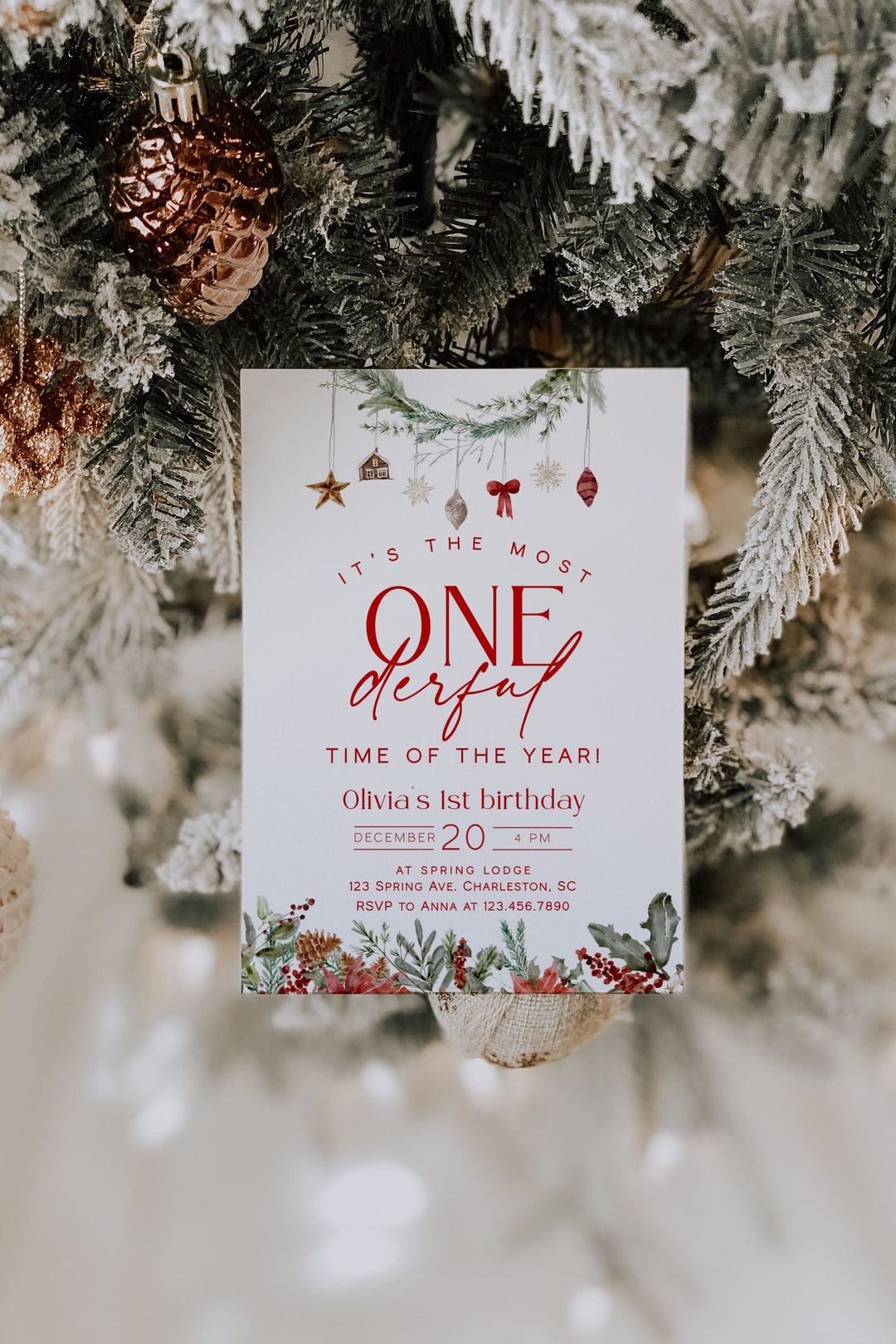 Christmas First Birthday Invitation Template, Most Onederful Time of ...