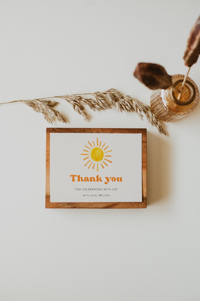 Boho Sun Thank You Card Template, Here Comes the Sun Baby Shower Card ...