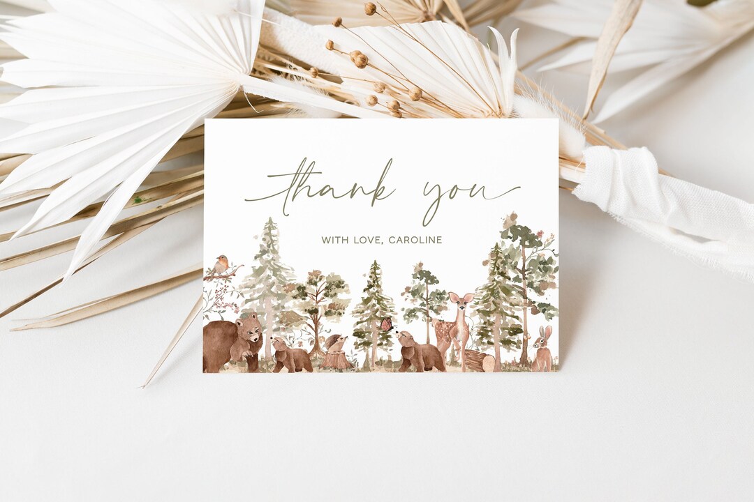 Woodland Thank You Card Template, Woodland Animals Baby Shower Thank ...