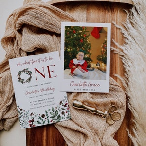 Christmas First Birthday Invitation Template, Holiday 1st Birthday ...