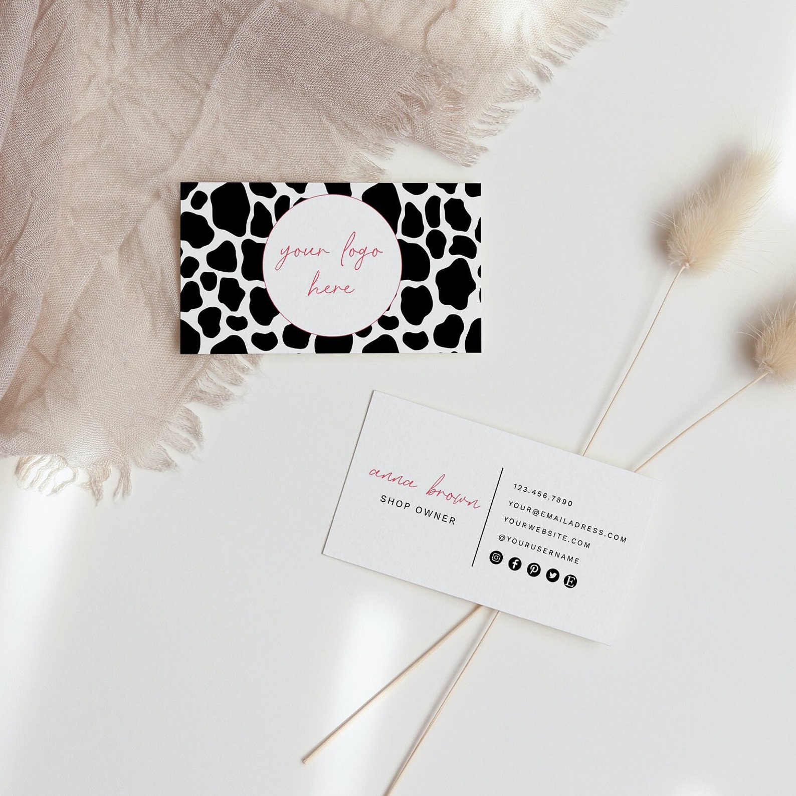 Cow Print Small Business Card Template Animal Print Business - Etsy