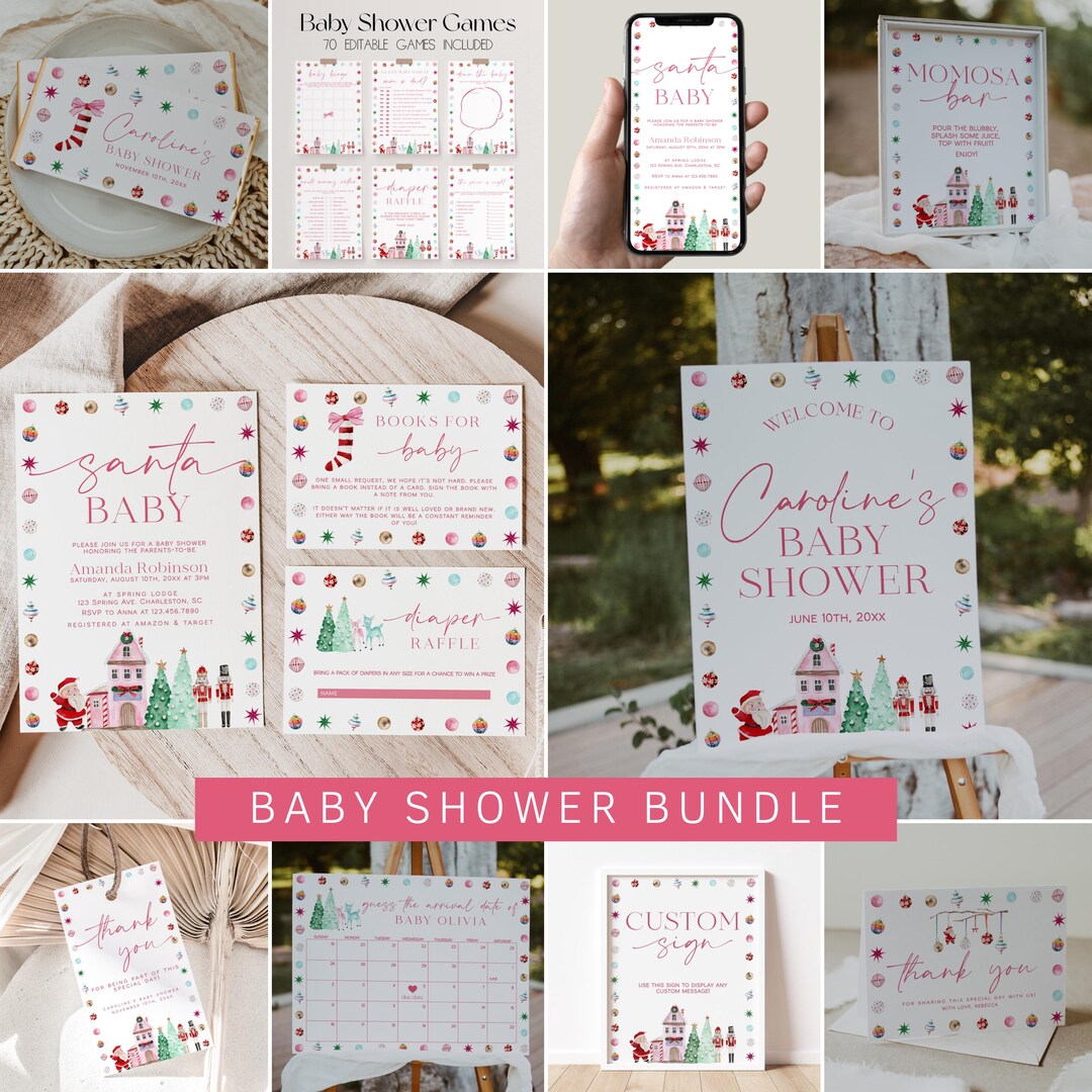 Pink Christmas Baby Shower Bundle Template, Santa Baby Shower ...
