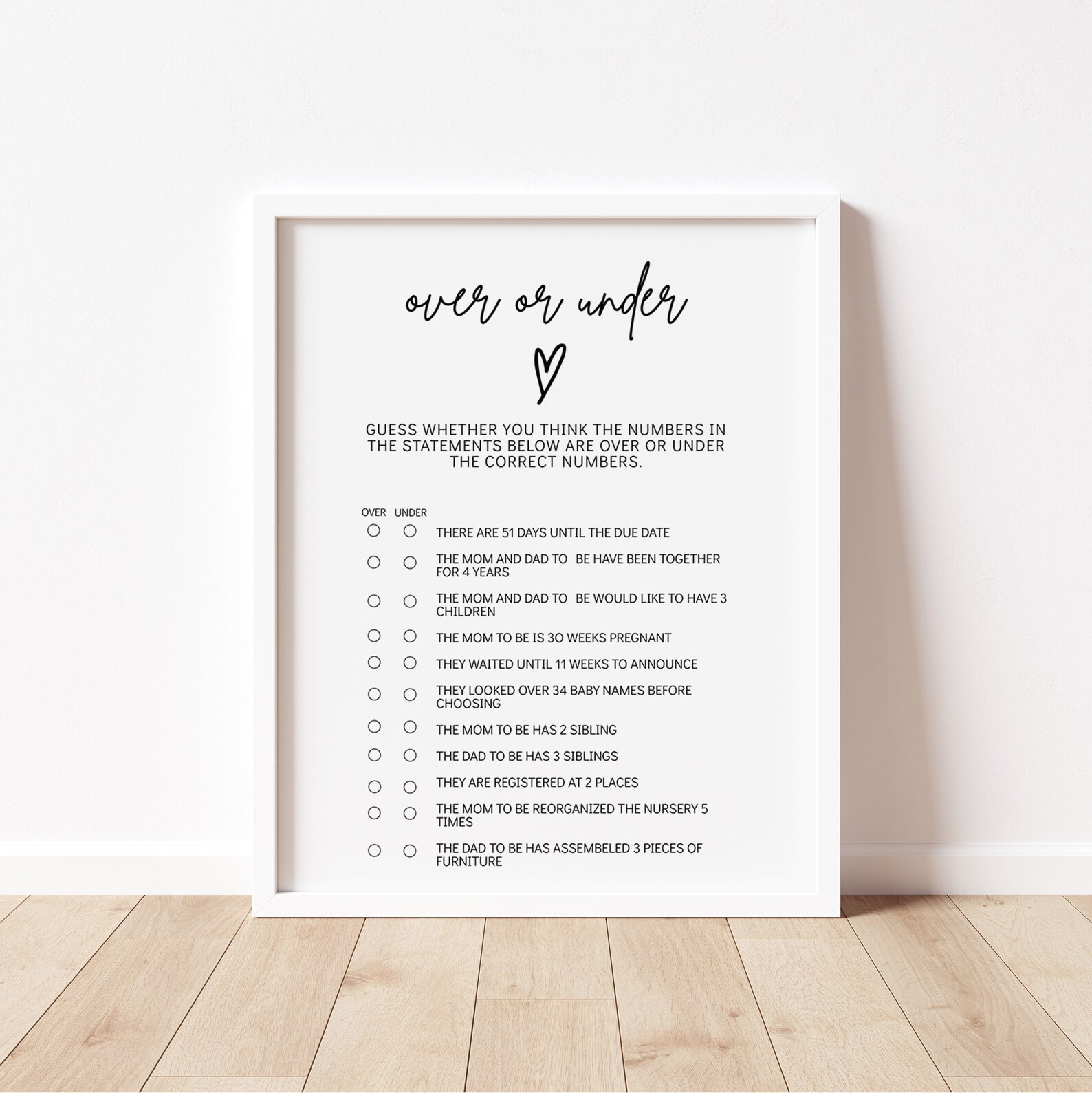 Over or Under Baby Shower Game Template Minimalist Baby - Etsy