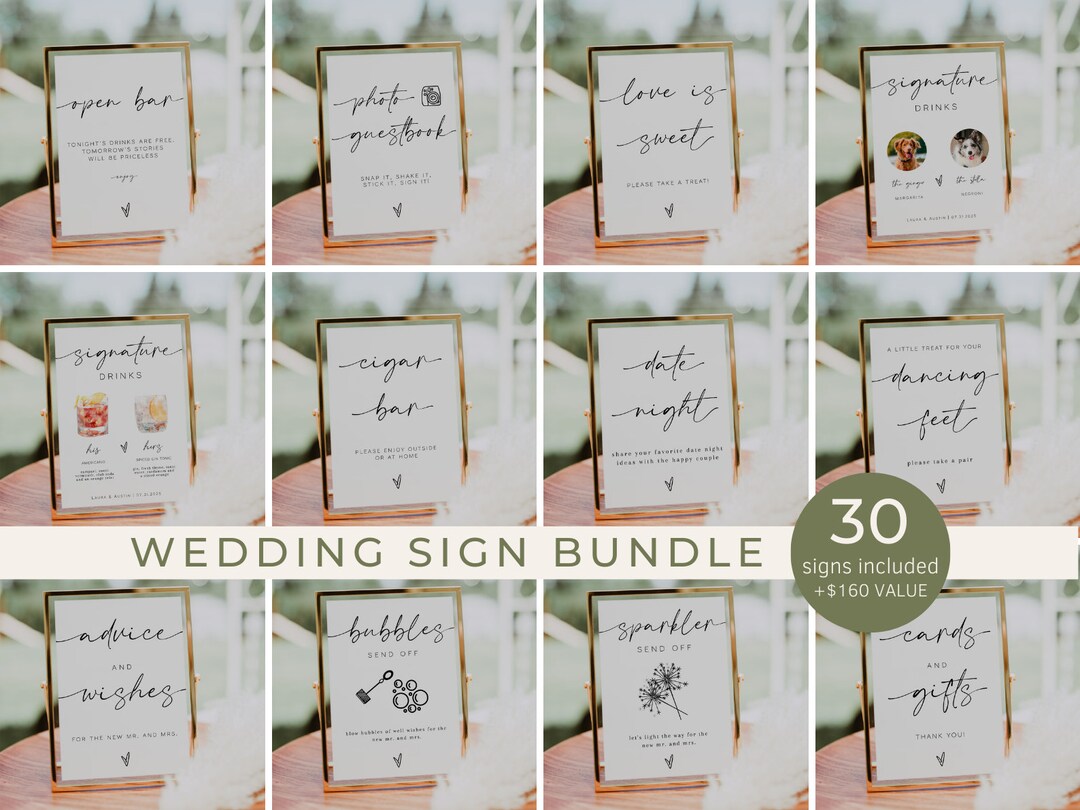Wedding Signs Bundle, 30 Modern Wedding Signs Template, Minimalist ...