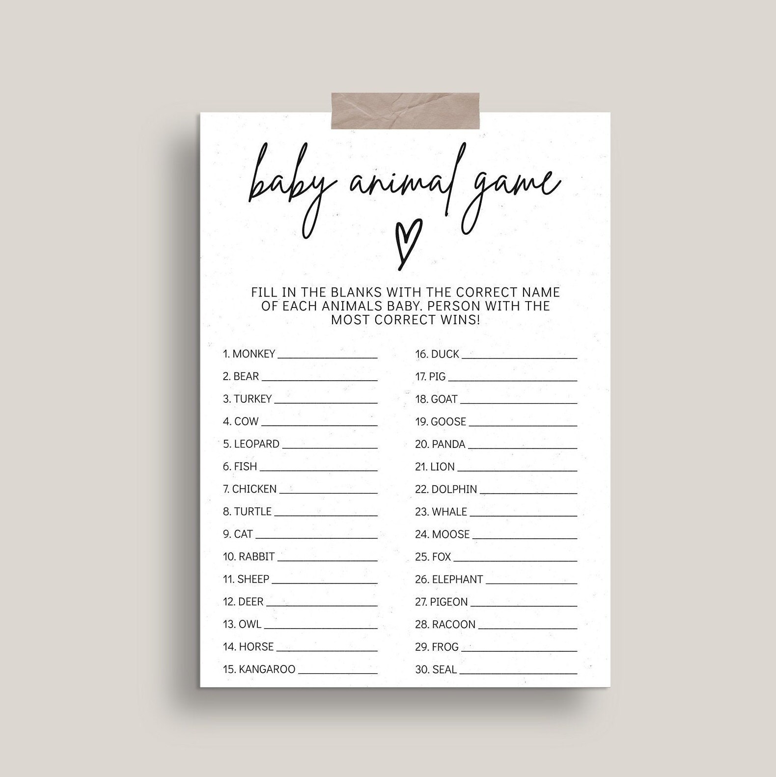 Baby Animal Game Template Minimalist Baby Shower Games Guess | Etsy