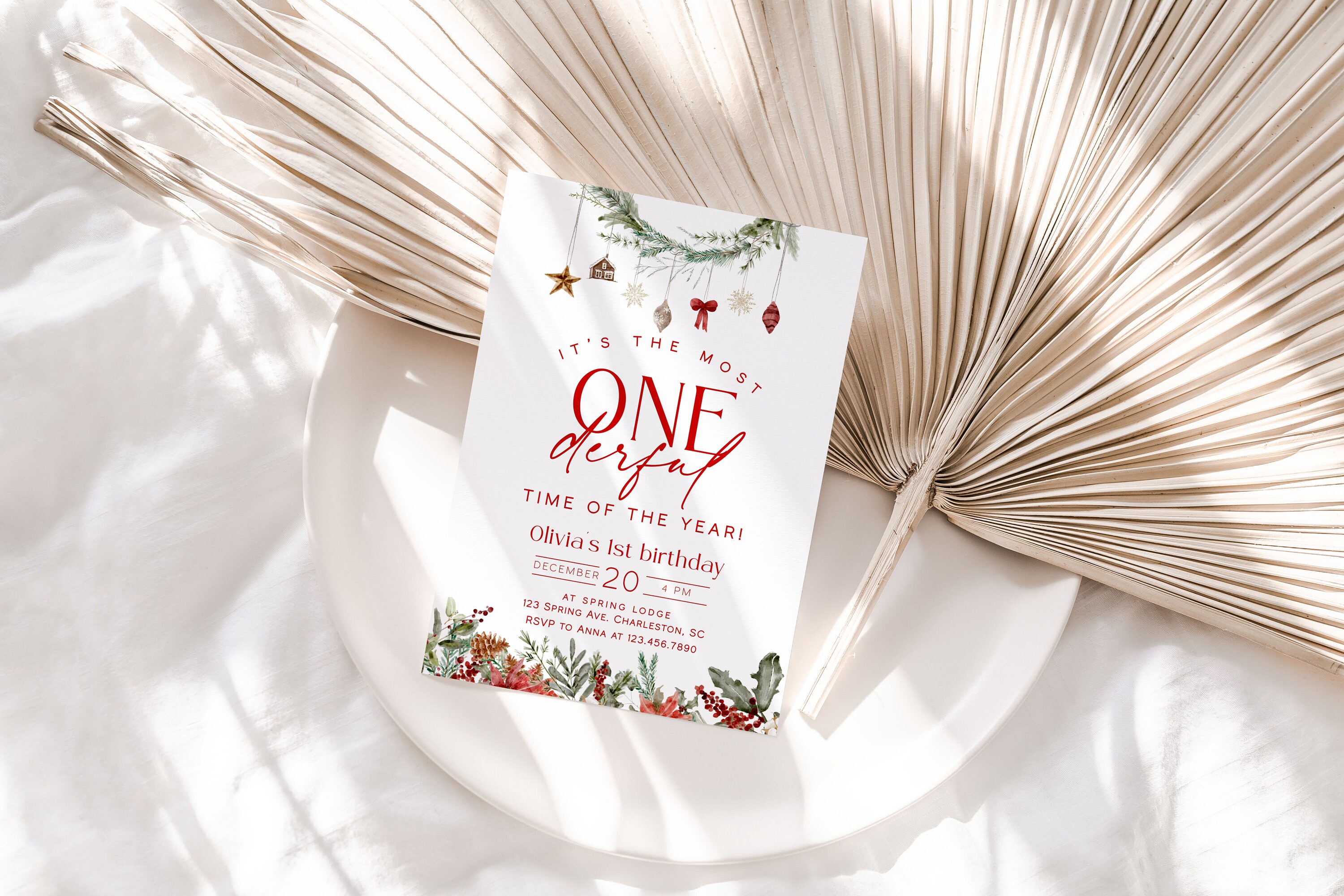 Christmas First Birthday Invitation Template, Most Onederful Time of ...