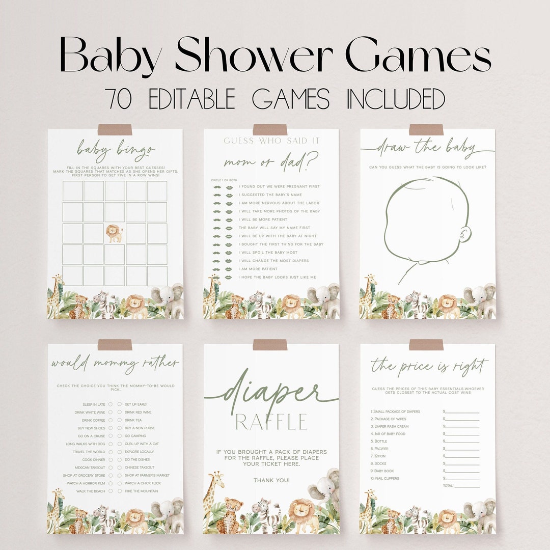 70 Baby Shower Games, Safari Animals Baby Shower Game Bundle, Little ...