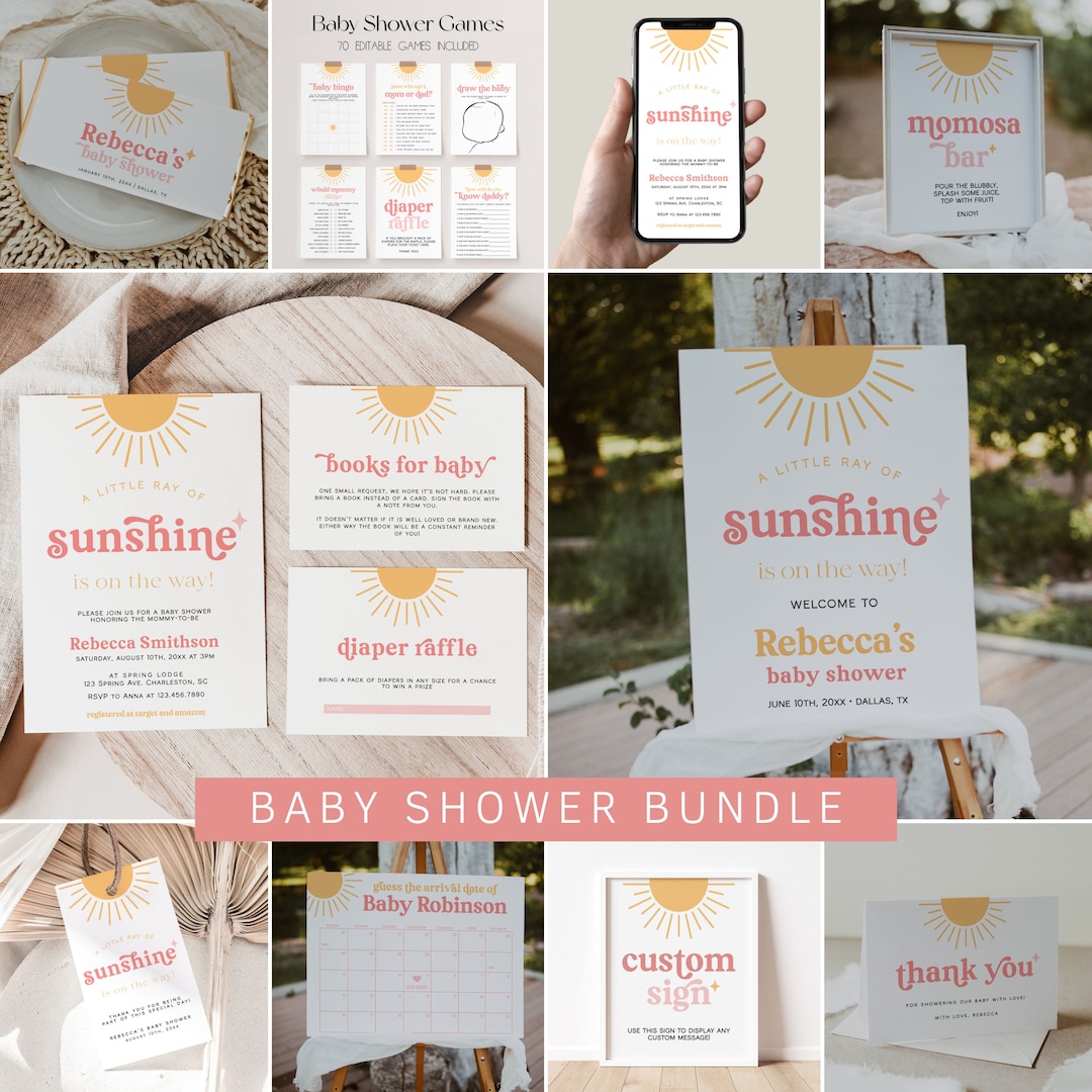 A Little Ray of Sunshine Baby Shower Bundle, Sun Baby Shower Invitation Bundle, Sunshine Baby ...
