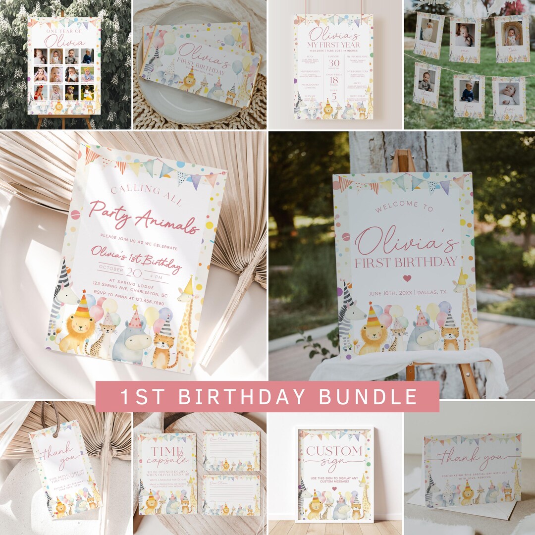 Party Animals First Birthday Invitation Bundle, Safari Animals 1st ...