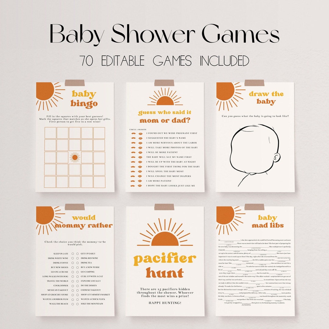 70 Baby Shower Games, Sun Baby Shower Game Bundle, Here Comes the Son ...