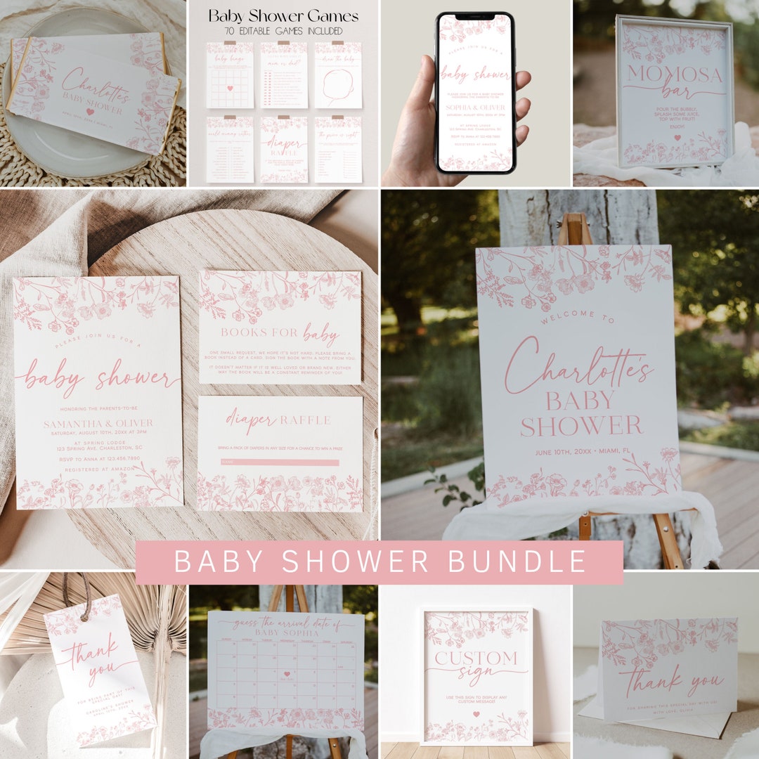 Dusty Pink Baby Shower Bundle Template, Vintage Floral Baby Shower ...