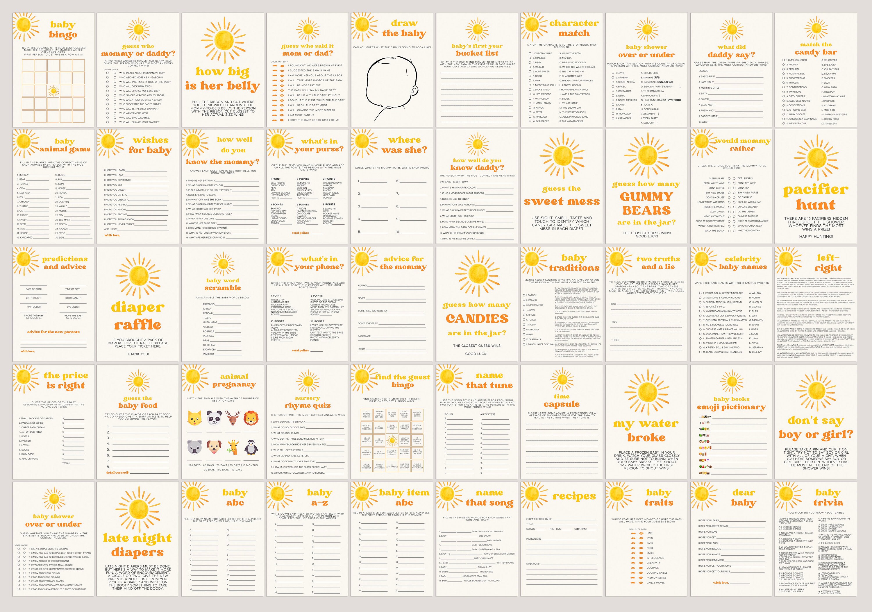 70 Baby Shower Games, Sun Baby Shower Game Bundle, Here Comes the Sun ...