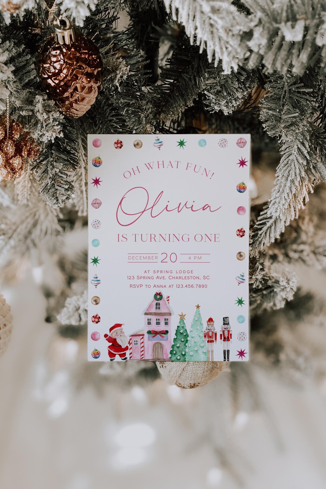 Pink Christmas First Birthday Invitation Template, Oh What Fun ...