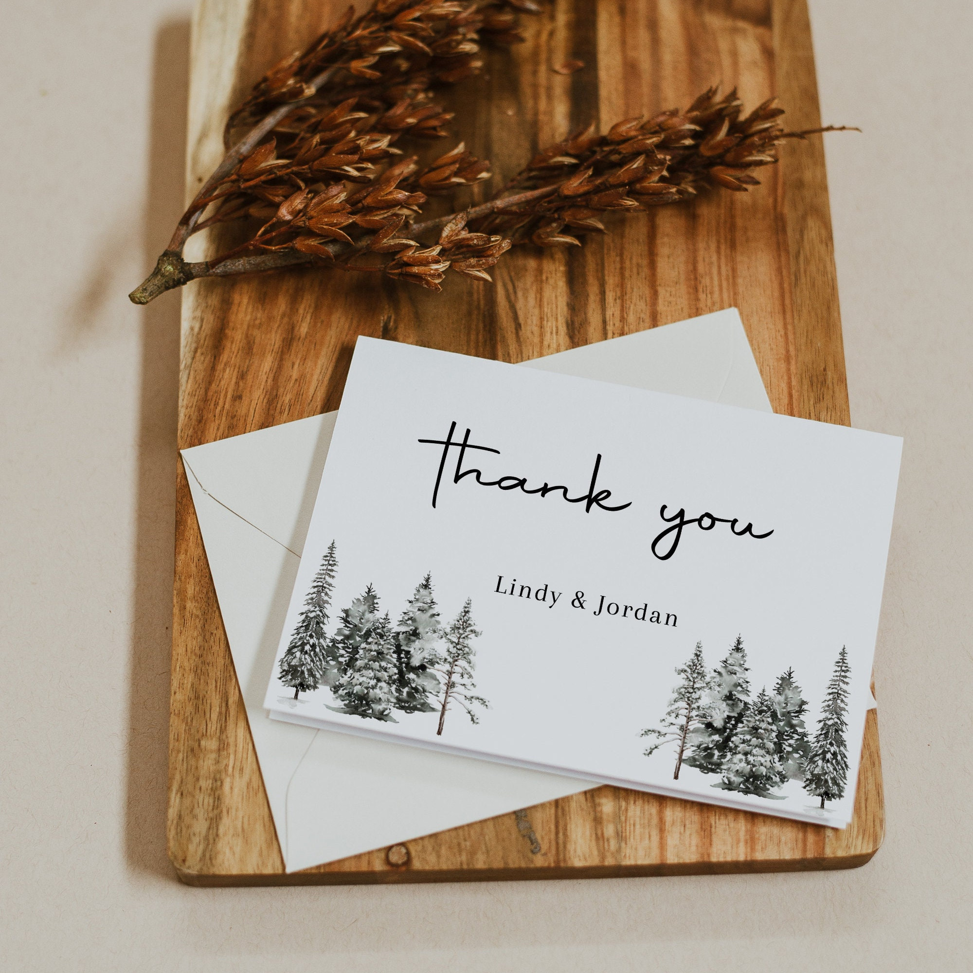 Pine Tree Thank You Cards Template, Woodland Wedding Thank You Card ...