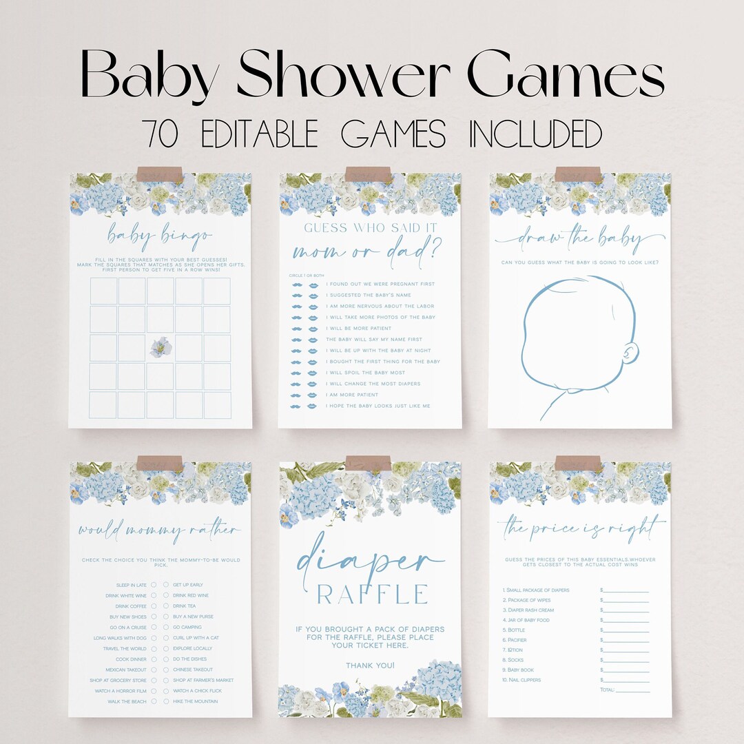 70 Baby Shower Games, Baby in Bloom Baby Shower Game Bundle, Blue ...
