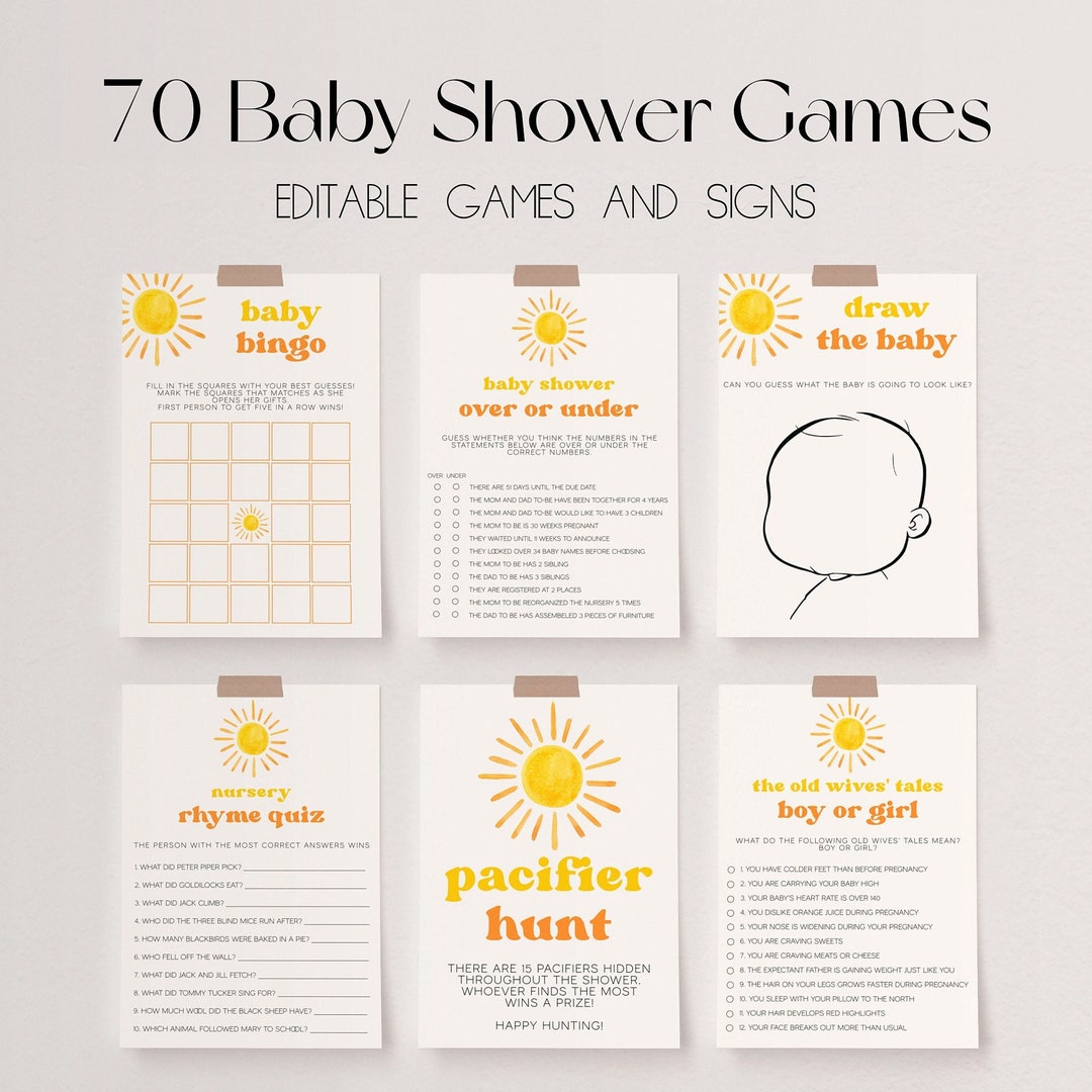 70 Baby Shower Games, Sun Baby Shower Game Bundle, Here Comes the Sun ...