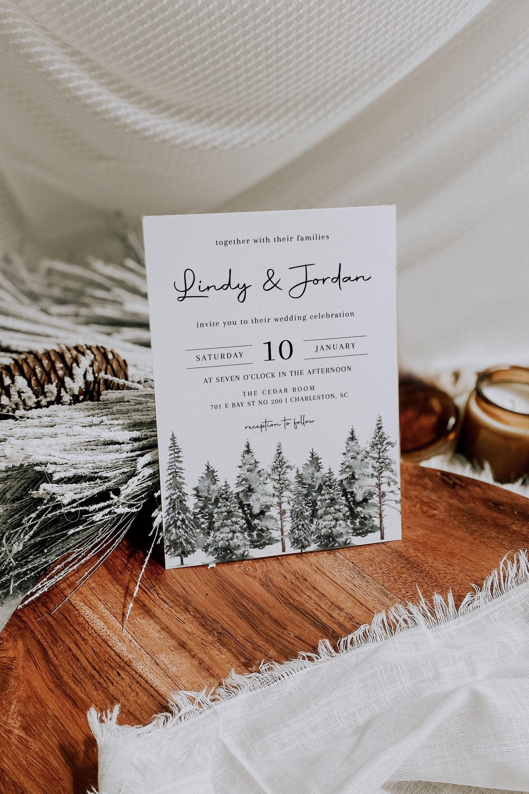 Pine Wedding Invitation Template, Woodland Wedding Invite, Winter ...