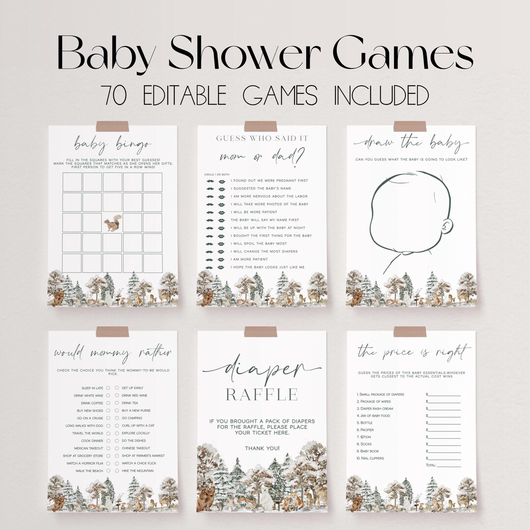 70 Baby Shower Games, Winter Woodland Baby Shower Game Bundle, Woodland ...