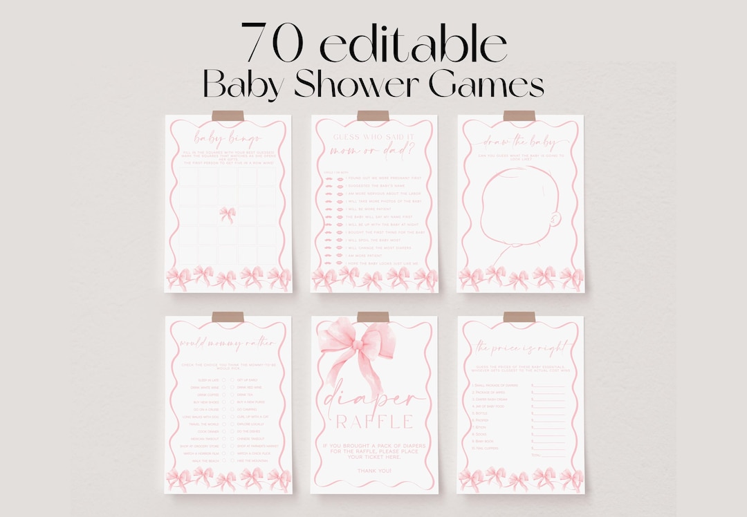 70 Baby Shower Games, Pink Bow Baby Shower Game Bundle, Pink Coquette ...