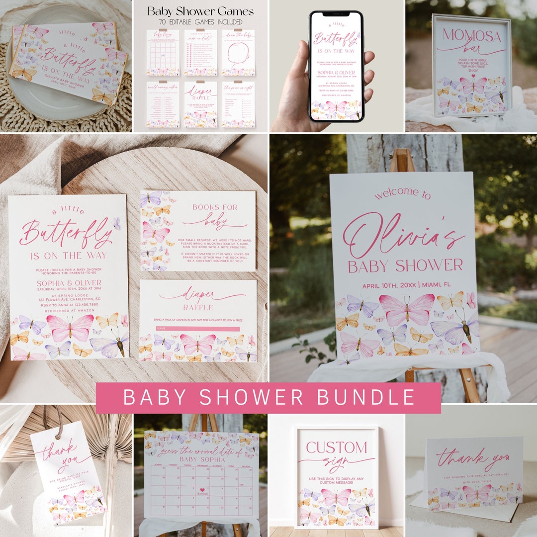 Butterfly Baby Shower Bundle Template, Pink Butterflies Baby Shower ...
