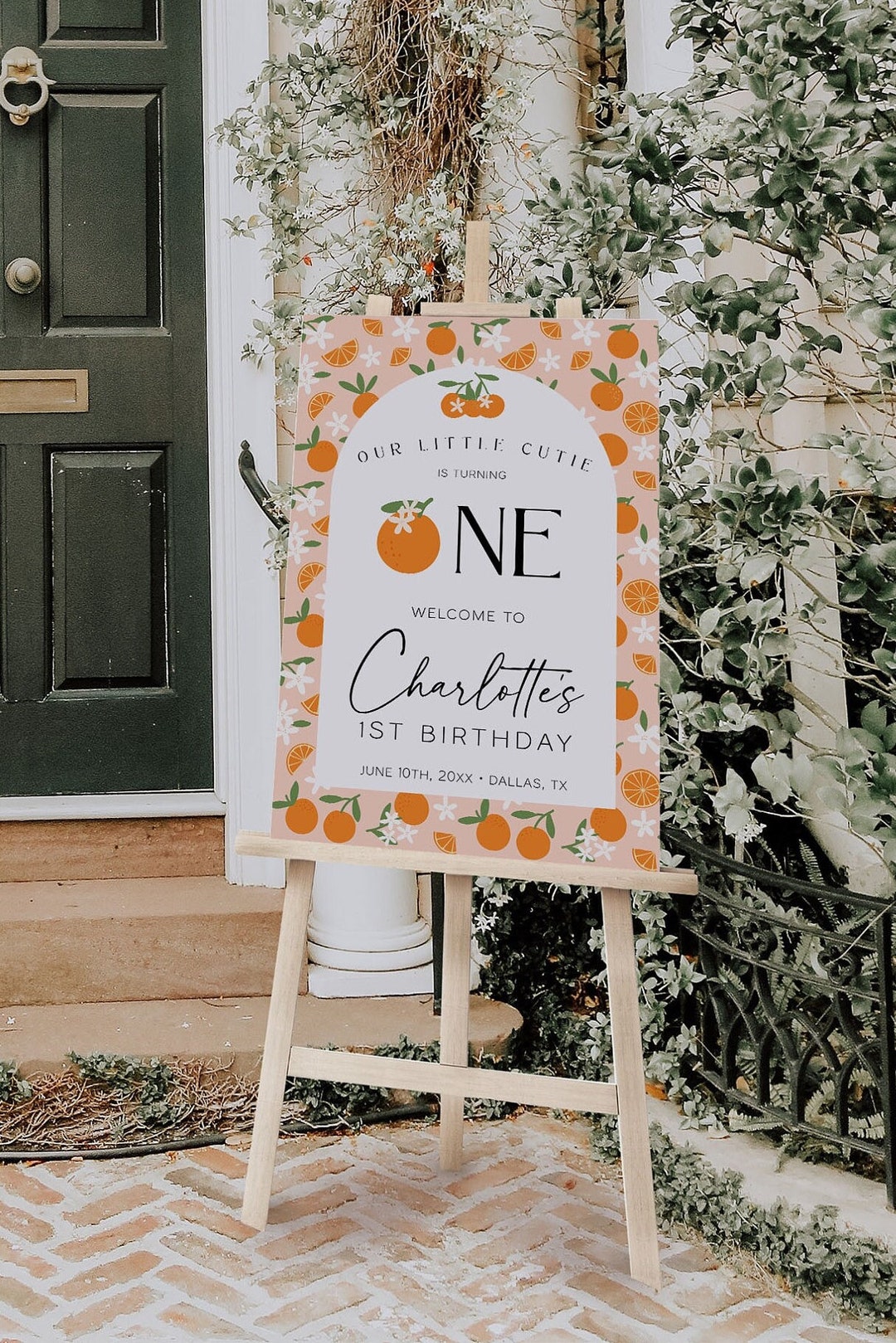 Little Cutie First Birthday Welcome Sign, Orange Birthday Welcome Sign ...