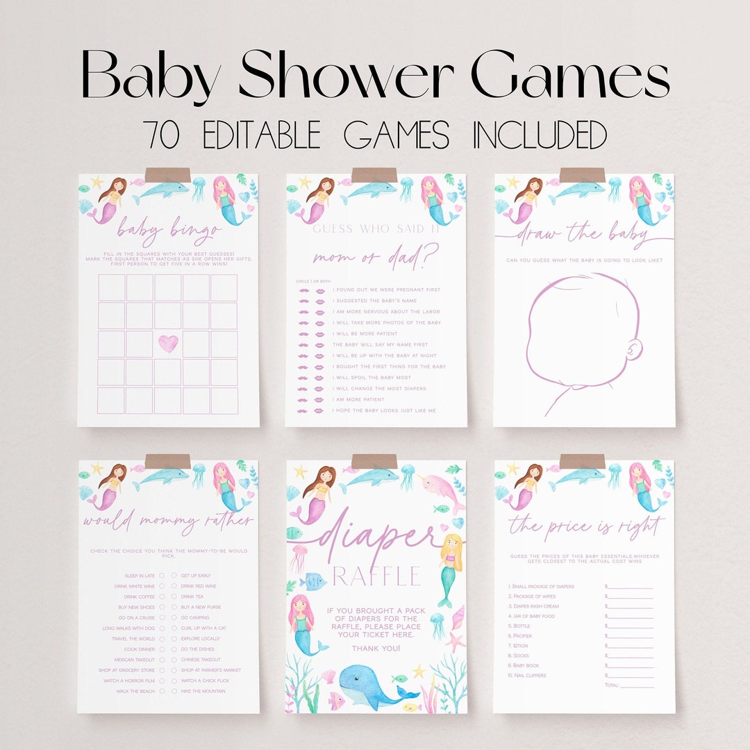 70 Baby Shower Games, Little Mermaid Baby Shower Game Bundle, Under the ...