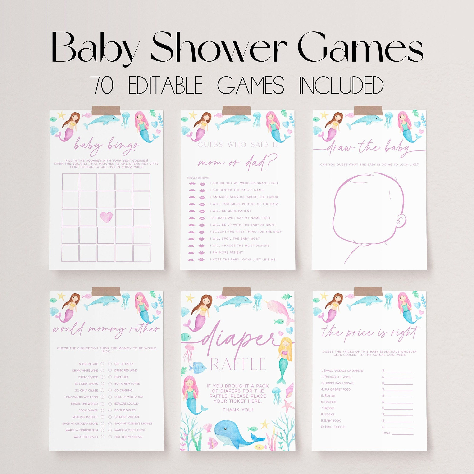 70 Baby Shower Games, Little Mermaid Baby Shower Game Bundle, Under the ...