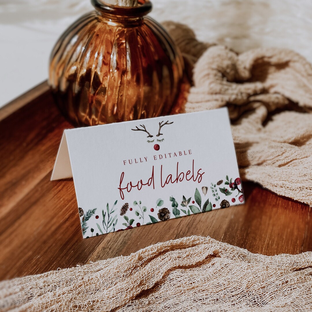 Christmas Buffet Card Template, Holiday Food Label, Winter Greenery ...
