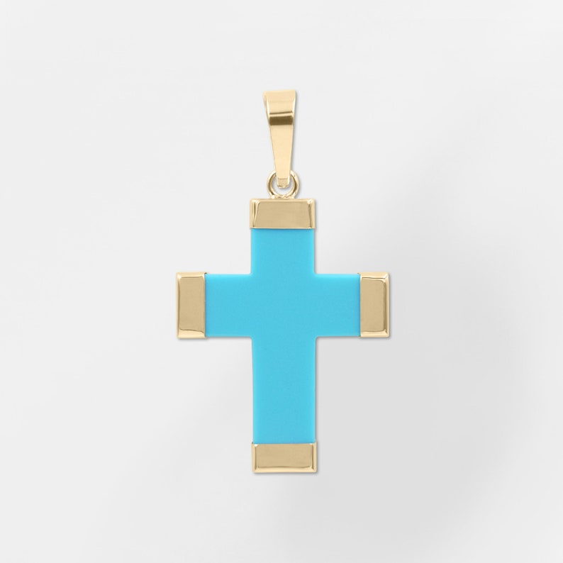 14K Yellow Solid Gold Turquoise Cross Pendant - Greek Orthodox Charm - Etsy