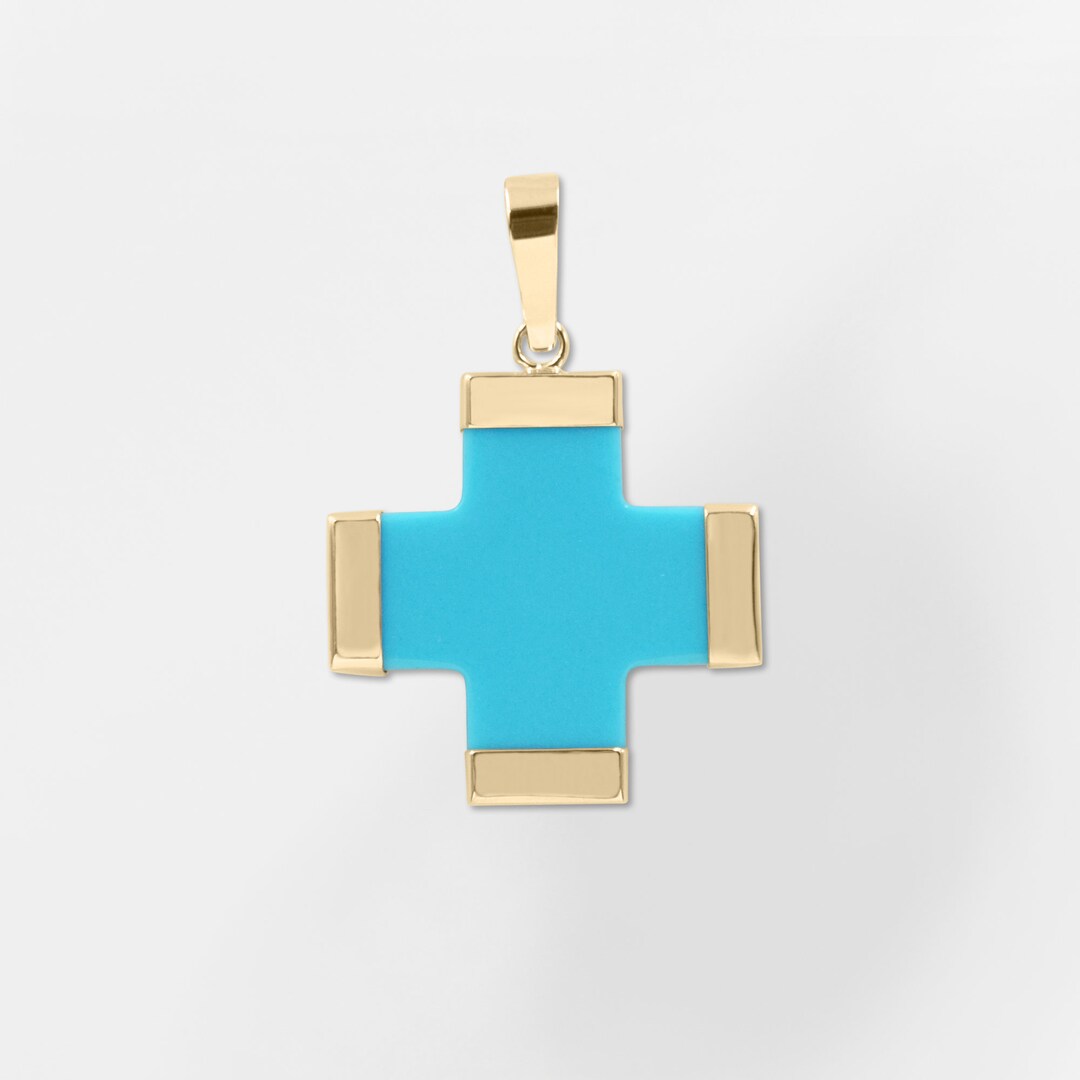 14K Yellow Solid Gold Turquoise Cross Pendant, Greek Cross Charm, Cross ...